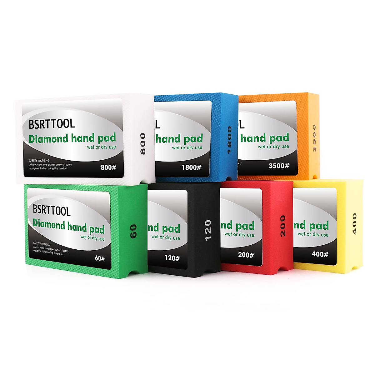 BSRTTOOL 7 PCS Diamond Hand Polishing Pads Sanding Blocks Foam Backing for Tile Stone Marble Concrete Ceramics Granite Glass Wet Dry(7PCS)