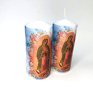 Small Pillar candle set of two pieces size 2 wide by 4 inches tal decoupage Virgen de Guadalupe, traditional image white unscented