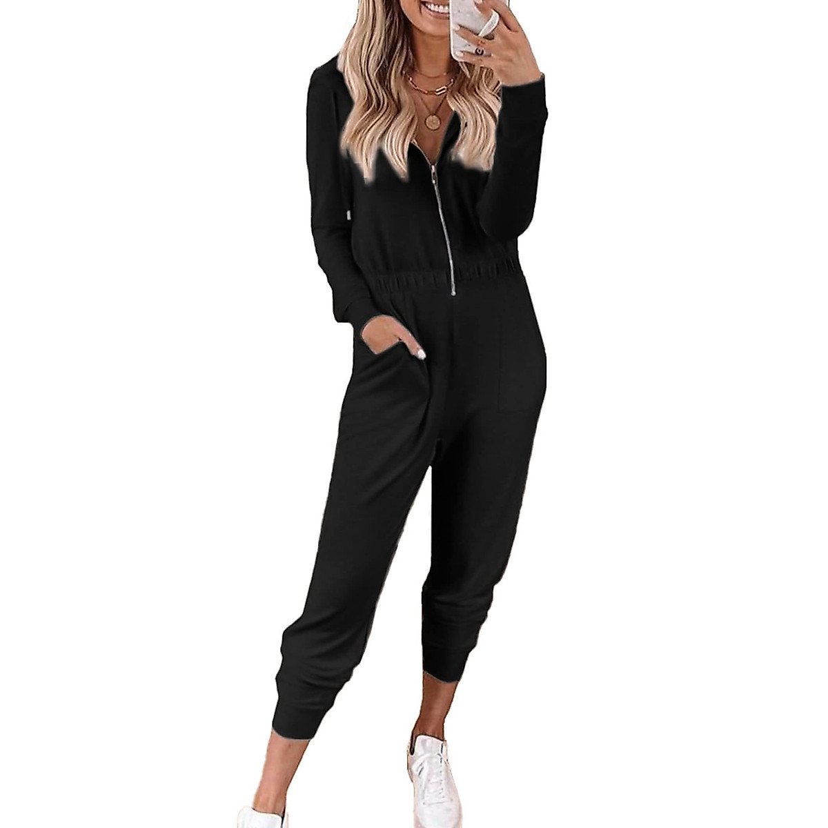 PRETTYGARDEN Women's Casual Long Sleeve Hooded Jumpsuits Zip Up One Piece Outfit Romper with Pockets (Black,Medium)
