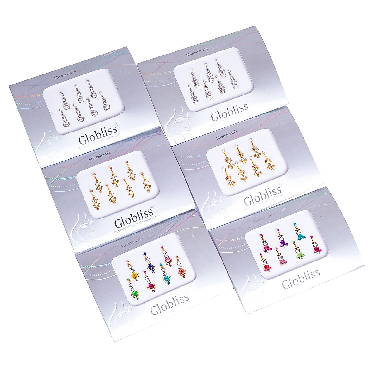 Globliss 6 Packs with 42 Long Indian Bindis face Gems Forehead Sticker Silver Golden Colorful