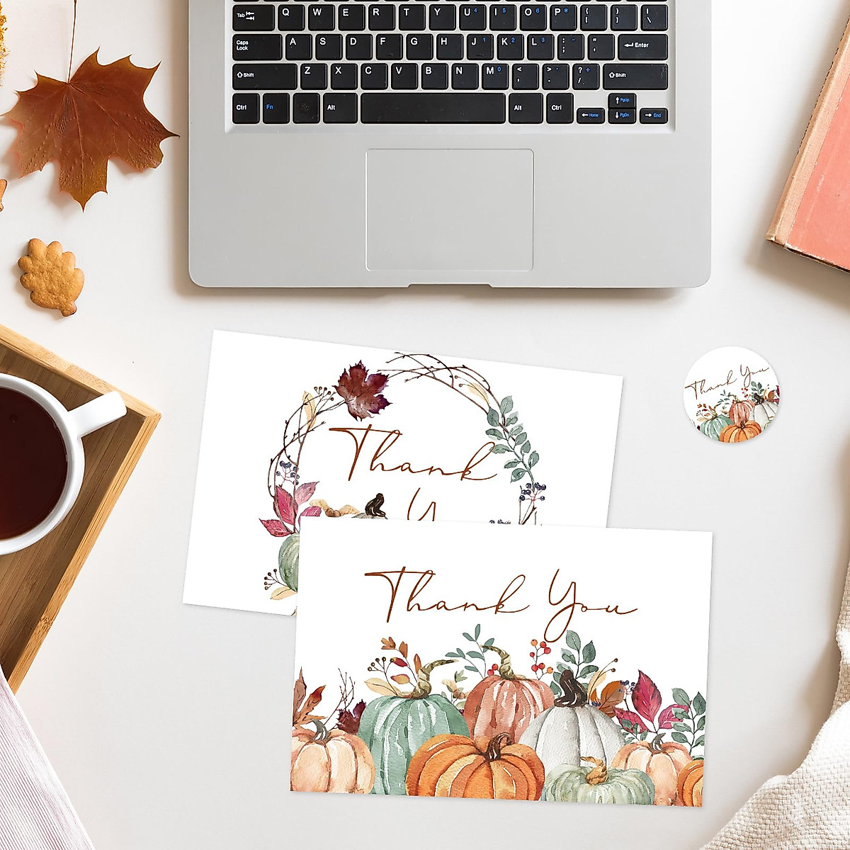 Whaline 30 Pack Fall Thank You Cards Bulk Watercolor Autumn Leaves Pumpkin Thank You Note Cards with Kraft Envelopes Stickers for Wedding Thanksgiving Harvest