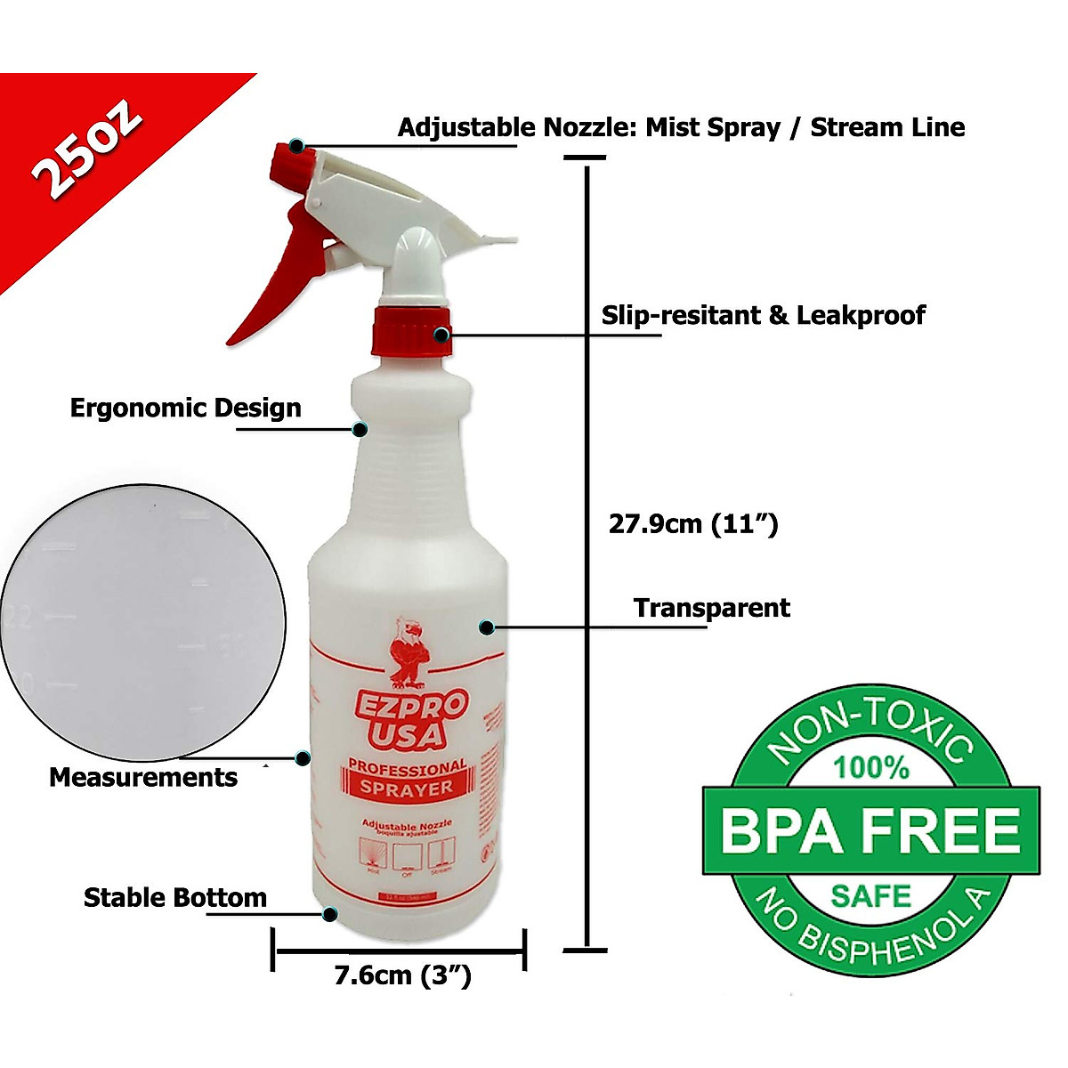 EZPRO USA 24 oz Empty Spray Bottles for Cleaning Solutions, Spray bottle 24oz, Professional Industrial Commercial with Measurements Mist Line Sprayer, Transparent, Pack of 3