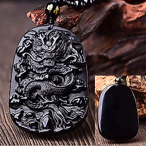 KIOMOY Natural obsidian brave pendant, safe clasp, dragon and phoenix necklace, carved stone Chinese dragon stele, unicorn Kylin pendant (Dragon)