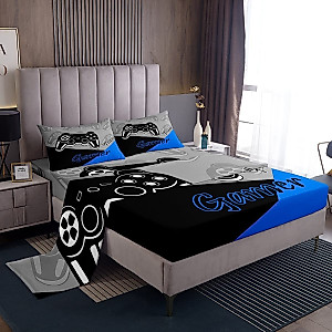 Feelyou Kids Gamer Bed Sheets Set Boys and Girls Gaming Bedding Set Video Game Controller Fitted Sheets 4Pcs Sheets Includes 1 Sheet & 1 Flat Sheet with 2 Pillowcases Blue Black (King)