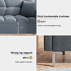 Convertible Linen Fabric Tufted Split-Back Plush Futon Sofa Furniture for Living Room, Apartment, Bonus Room, Overnight Guests w/ 2 Pillows, Wood Frame, Metal Legs (Dark Gray + Linen + Foam)