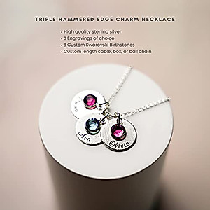 AJ's Collection Round Triple Hammered Edge Personalized Charm Necklace. Customize a Sterling Silver Round Pendant with Names and Swarovski Birthstones of Your Choice. Makes Gifts for Her
