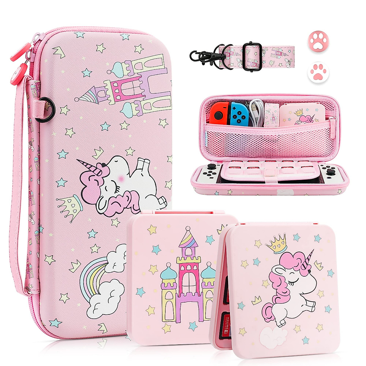 FANPL Carrying Case for Nintendo Switch & OLED Mode, Pink Cute Unicorn Travel Hard Protectiv Cover for Switch with Games Case