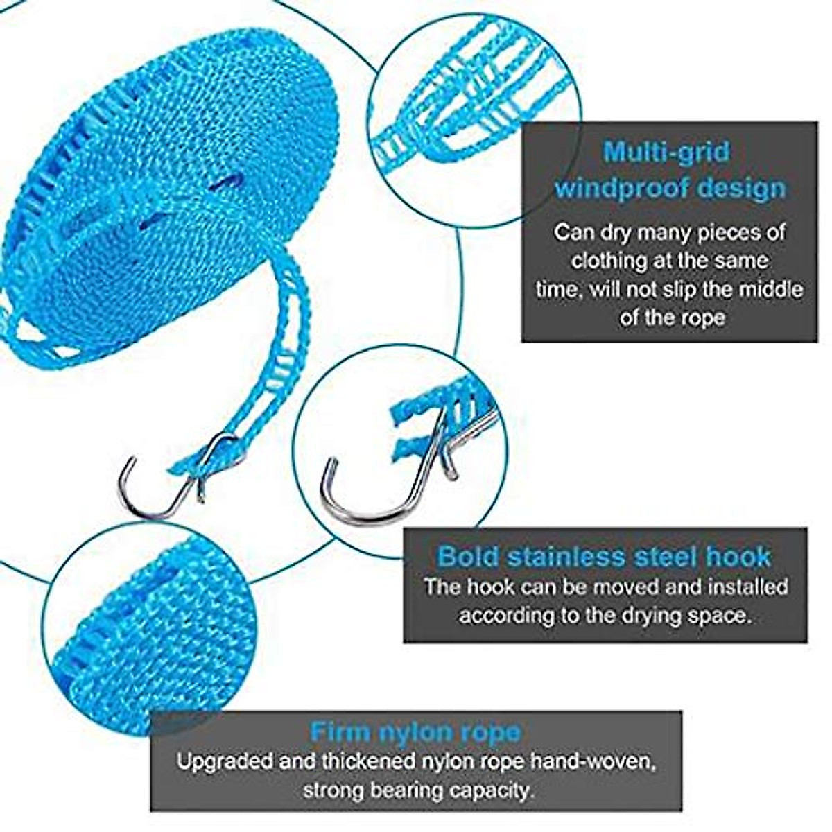 iCJJL Clothesline Adjustable Windproof Clothes Drying Rope Portable Hanging Rope for Home Use, Camping Travel, Indoor Outdoor Laundry Plastic Non-Slip(8M) (Blue)