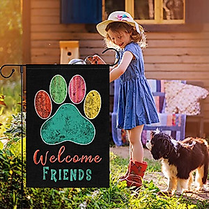 Welcome Dog Paws Garden Flag 12x18 Double Sided, Small Burlap Dog Garden Yard Flags Welcome Friends for House Outside Outdoor Holiday Decor (ONLY FLAG)