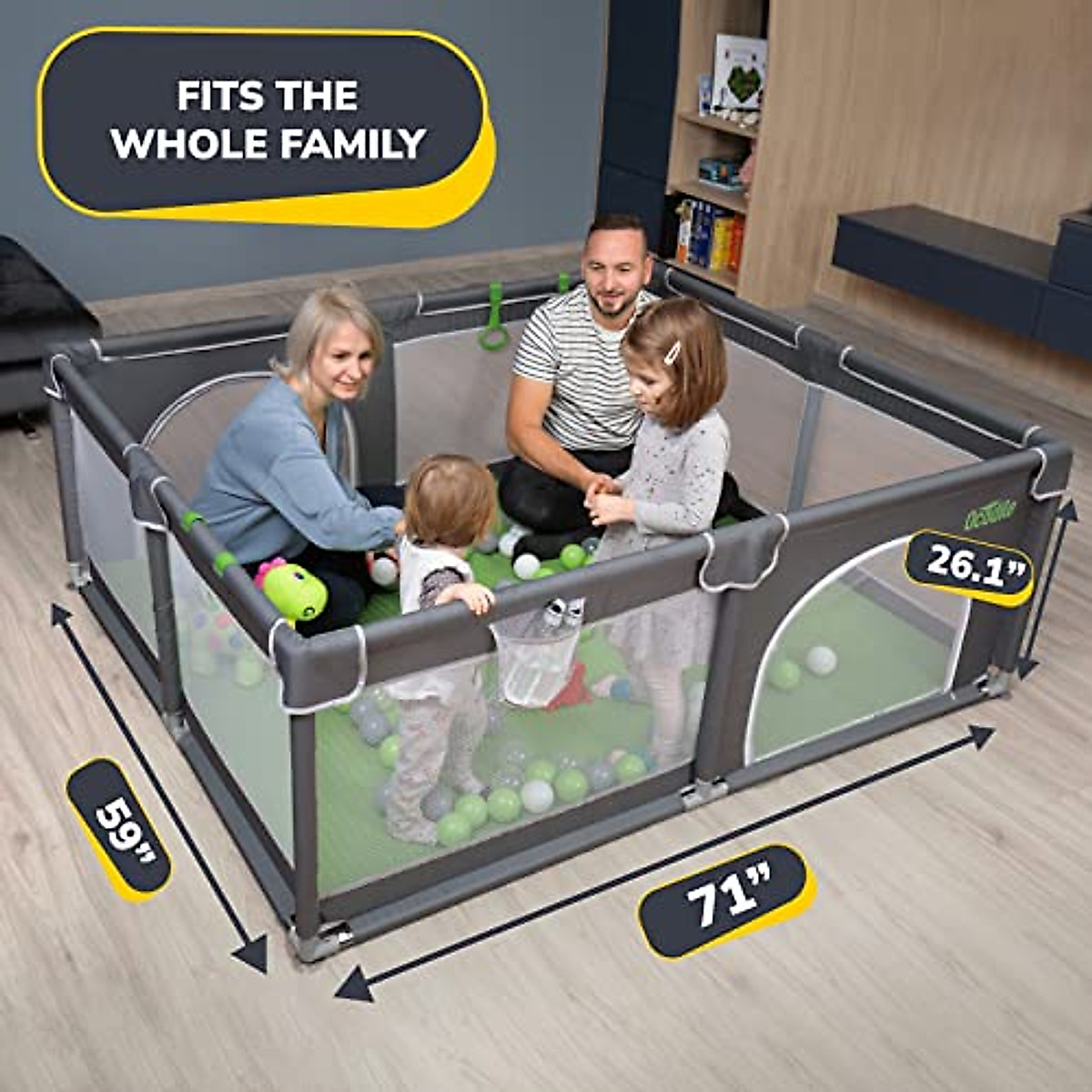 Ocodile Baby Playpen with Mat - Extra Large Play Yard with Mesh Sides for Your Toddler - 50 Balls and 4 Rings Gray