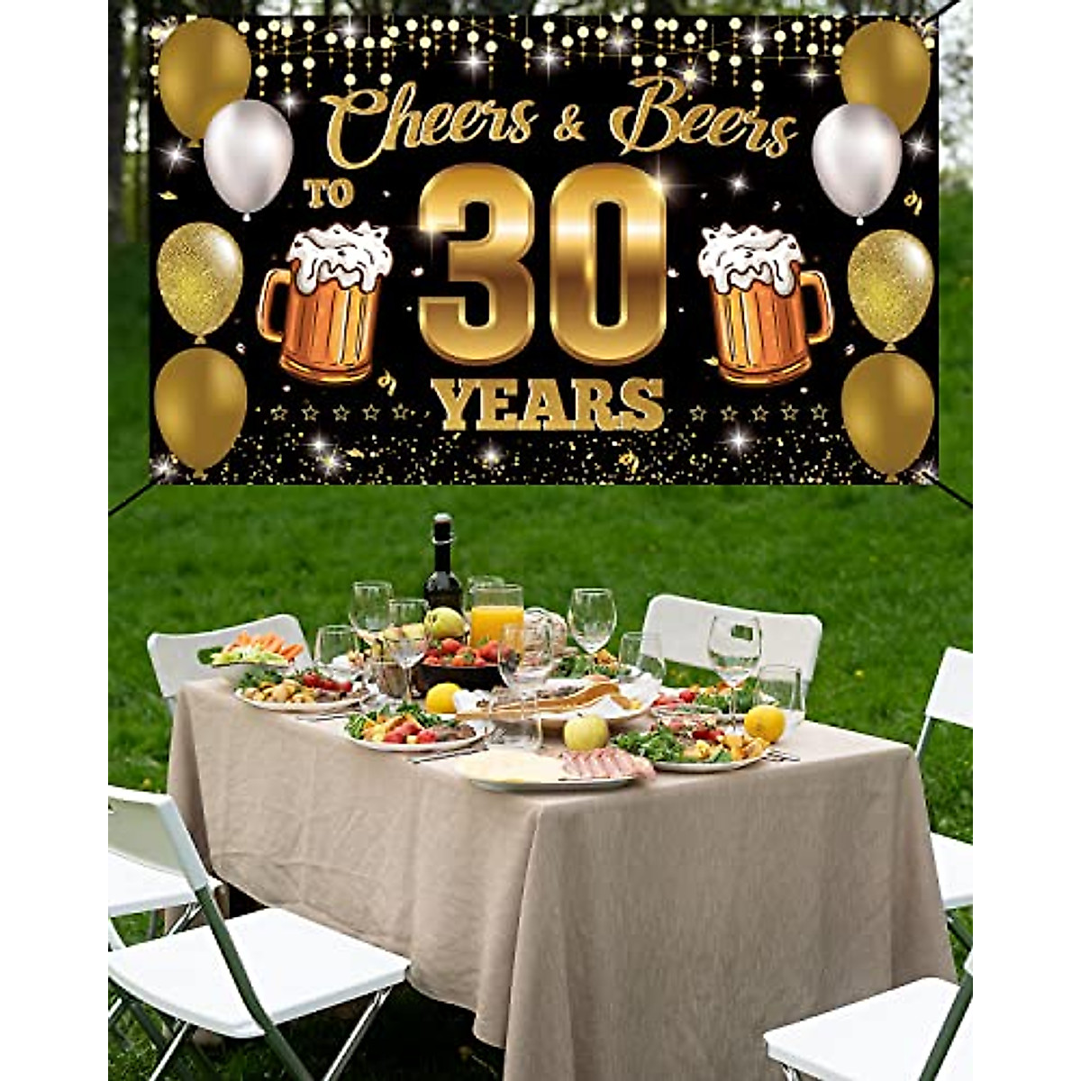 HTDZZI Cheers & Beers to 30 Years Backdrop Banner, Happy 30th Birthday Decorations for Men Women, 30th Anniversary Decor, Black Gold 30 Year Old Birthday Party Sign Poster Supplies, 6.1ft x 3.6ft