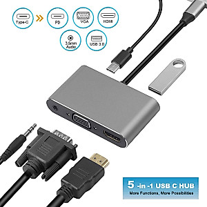 USB C Hub Type C 5 in 1 Hub to 4K HDMI, VGA, 1USB3.0Ports, with PD Charge