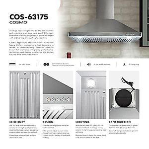 COSMO COS-63175 30 in. Vista Collection 380 CFM Ducted Wall Mount Range Hood, Button Controls, LED Lights, Stainless Steel