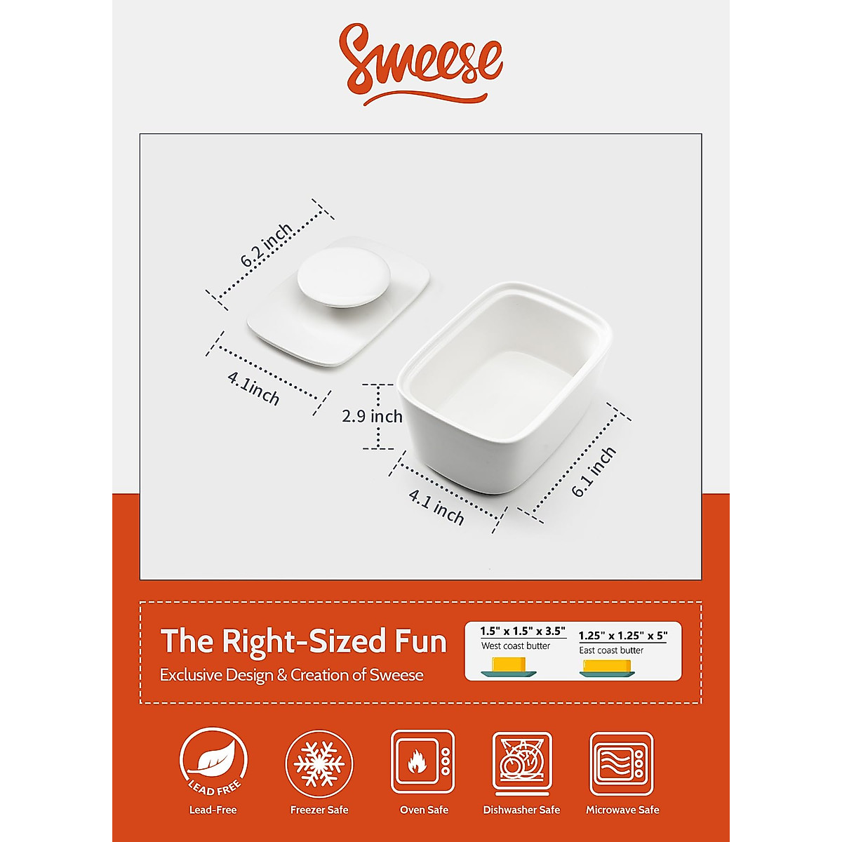 Sweese Large Butter Dish with Lid, Porcelain Butter Keeper Container - Perfect for East Coast, West Coast Butter and Kerrygold Butter, Butter Crock with Lid, Gift - White