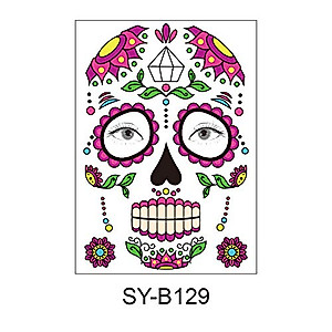 Kotbs 9 Sheets Day of the Died Skeleton Face Tattoo Stickers, Glitter Red Roses Temporary Tattoos for Men Women Halloween Costume Accessories and Parties