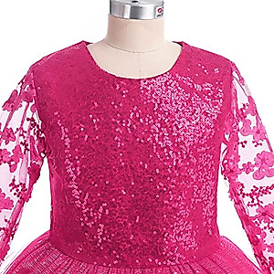 Floral Sequins Lace Princess Pageant 3/4 Sleeve Flower Girl Dress for Kids Junior Bridesmaid Wedding Puffy Party Wear Fall Formal Maxi Dance Evening Ball Gowns for Girls Sequins-Hot Pink 11-12 Years