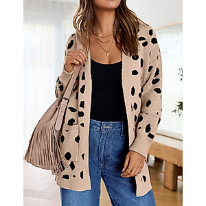 ZESICA Women's Fall Winter Long Sleeves Open Front Leopard Print Knitted Sweater Cardigan Coat Outwear,A Beige,Medium