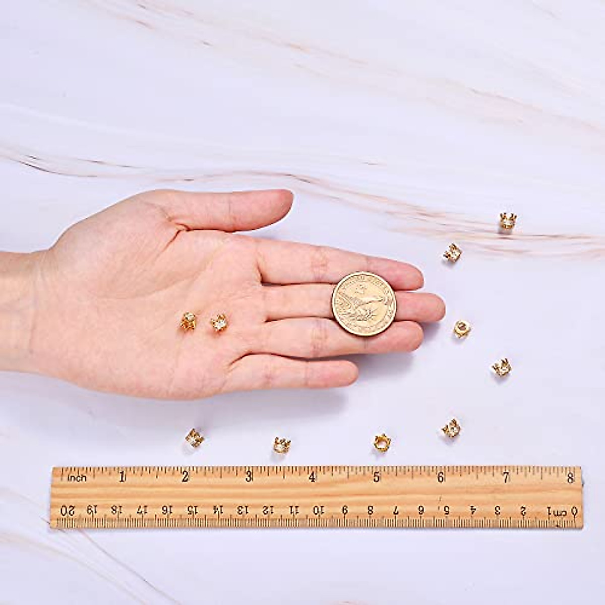 Stiesy 10 Pcs Brass Micro Pave Cubic Zirconia Crown Beads Bulk Long-Lasting Real 18K Gold Plated Spacer Loose Beads for Bracelets Necklace DIY Jewelry Making - 7x5mm