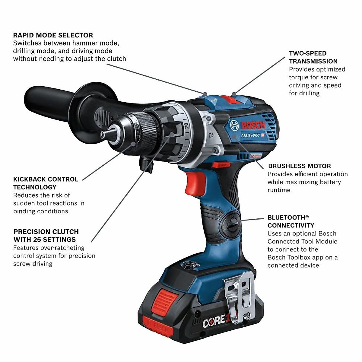 BOSCH GSB18V-975CB25 18V Brushless Connected-Ready 1/2 In. Hammer Drill/Driver Kit with (2) CORE18V® 4 Ah Advanced Power Batteries