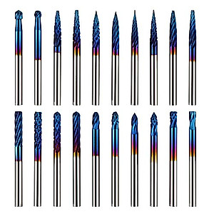 Genmitsu 20pcs Carbide Burrs Set Nano Blue Coating Rotary Files 0.118”(3mm) Shank Fits Most Rotary Drill Die Grinder for Woodworking, Engraving, Drilling, Carving, RR20A