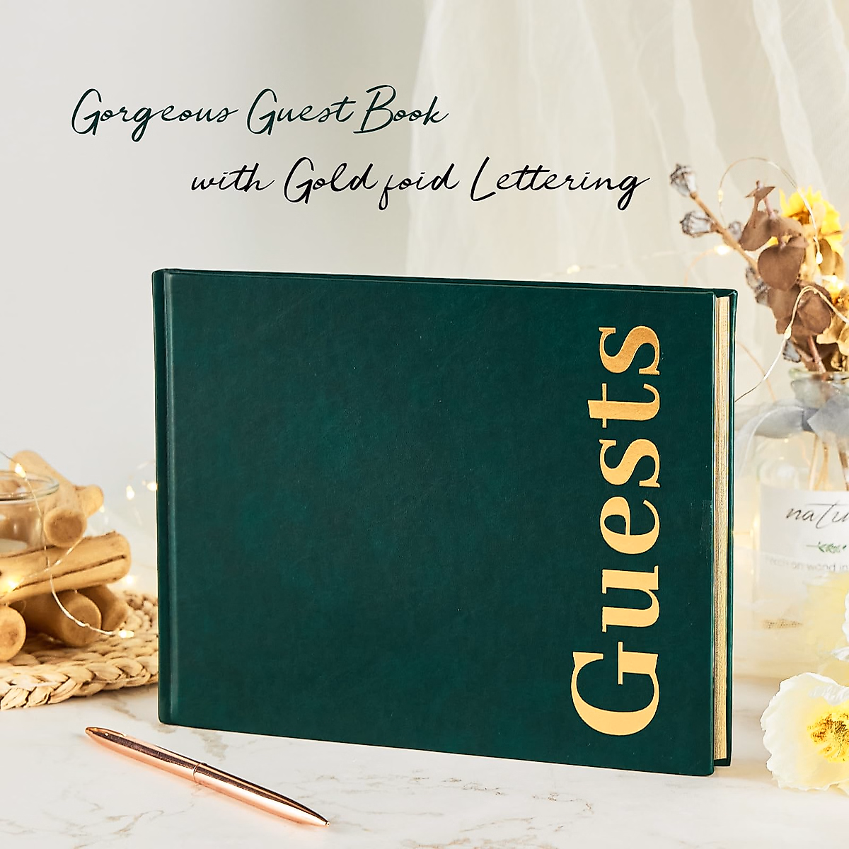 JUBTIC Guest Book, Sign in Book for Wedding Reception, Baby Shower, Funeral, Graduation Party - Premium Keepsake for Life's Special Events with Pen (Dark Green, 7" x10″)