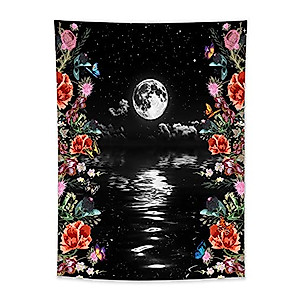 LB Full Moon Over Ocean Tapestry Wall Hanging, Moonlit Garden Tapestry, Night Sky Flower Plant on Black Background Wall Decor for Teen Bedroom Living Room Dorm Home Decor, 40 x 60 Inches