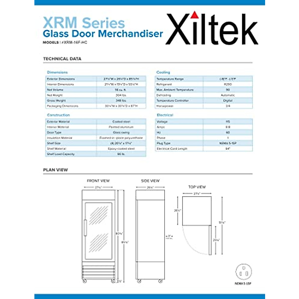 Xiltek New Single Door Upright Retail Merchandiser Display Freezer with Triple Paned Glass Door; 13 Cubic Ft.