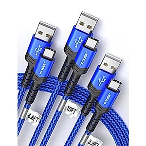 USB-C Cable 3A Fast Charging, JSAUX 3-Pack (10ft+6.6ft+3.3ft)USB A to Type C Charge Nylon Braided Cord Compatible with Samsung Galaxy S20 S10 S9 S8 Plus Note 10 9 8,PS5 Controller,USB C Charger(Blue)