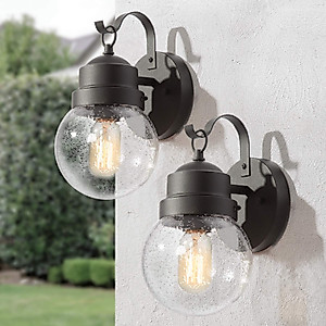 KSANA Outdoor Sconces Wall Lighting Set of 2, Rust-Proof Exterior Wall Lights with Bubble Glass, Globular Outdoor Light Fixtures for Porch, Yards, Patio, Garden, Balcony, Hallway, Black Finish