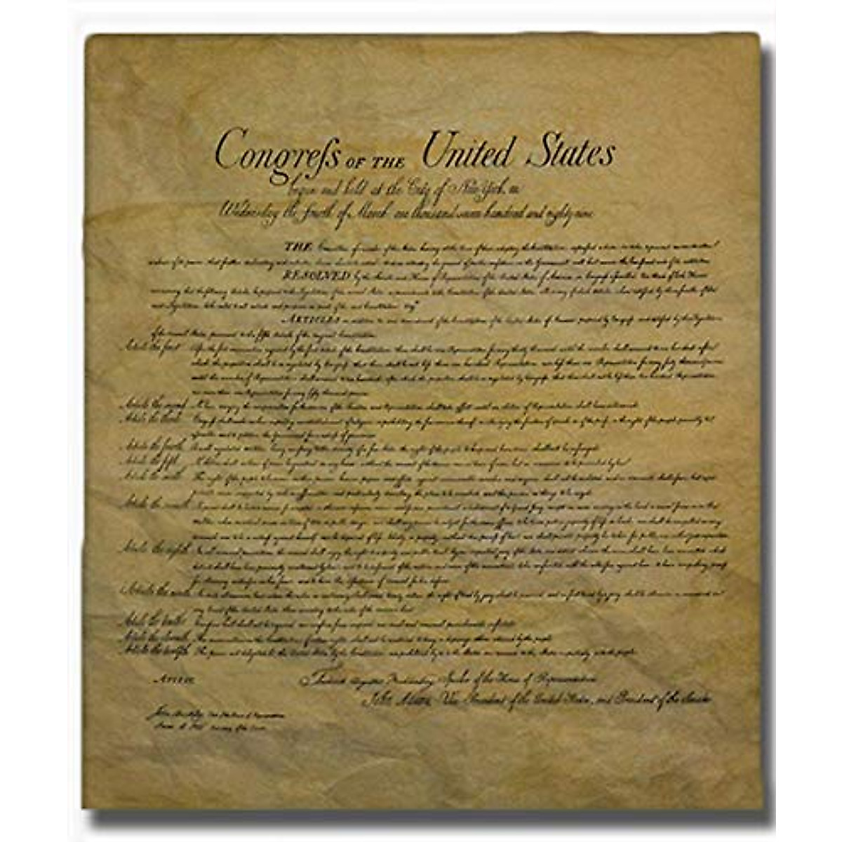 The Bill of Rights, Authentic Replica Printed on Antiqued Genuine Parchment. 14 X 16