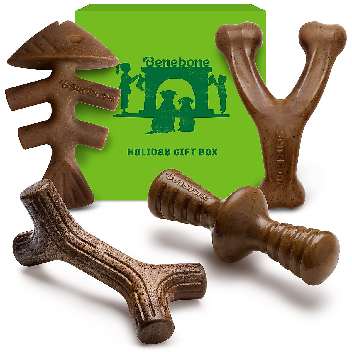 Benebone Medium Holiday 4-Pack Dog Chew Toys for Aggressive Chewers Dental Durable Dog Chew Toy for Aggressive Chewers, Real Bacon