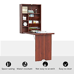HOMCOM Compact Fold Out Wall Mounted Convertible Desk with Storage, Mahogany