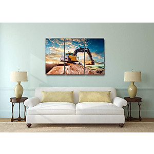YKing1 Excavator at a Construction site Against The Setting Sun Wall Art Painting Pictures Print On Canvas Stretched & Framed Artworks Modern Hanging Posters Home Decor 3PANEL
