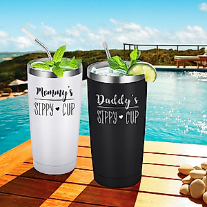 Daddy’s and Mommy’s Sippy Cup Travel Tumbler Set, Father’s Day Christmas Gifts for New Parents Dad Mom Papa Mama Anniversary, Insulated Stainless Steel Travel Tumbler with Straw(20oz, Black and White)