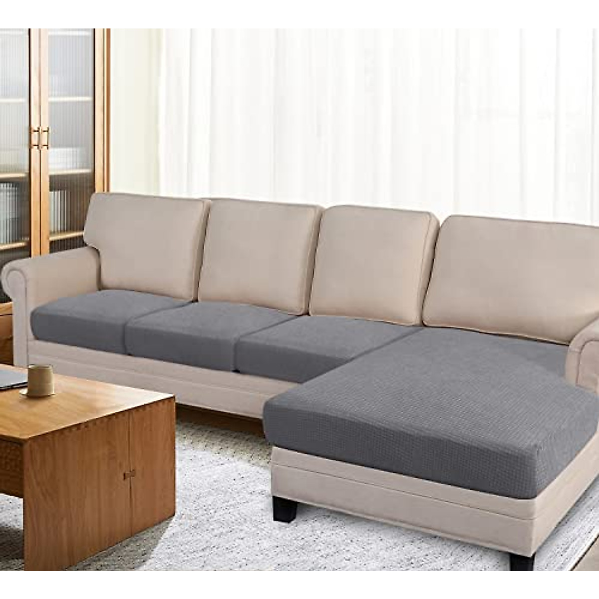 Granbest 4 Piece Waterproof Sectional Cushion Cover for L Shape Sofa, Stretch Separate Cushion Chaise Lounge Cover Elastic Furniture Protector for Kids, Pets, Dogs（3 Seater+Chaise,LightGray）