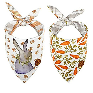 Crowned Beauty Easter Dog Bandanas Large 2 Pack, Paws Set, Bunnies Carrots Adjustable Triangle Holiday Plaid Reversible Scarves for Medium Large Extra Large Dogs Pets
