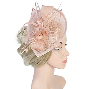 Z&X Wedding Fascinator Sinamay Headband Tea Party Hats for Women Flower Feather Derby Pillbox Hat Clips Peach Pink