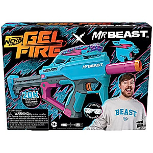 NERF Pro Gelfire X MrBeast Full Auto Blaster & 20,000 Gelfire Rounds, 300 Round Hopper, Rechargeable Battery, Eyewear, Ages 14 & Up