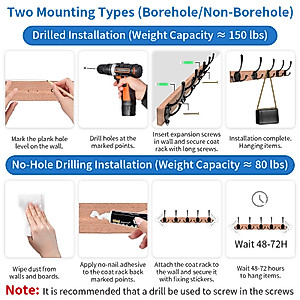 Coat Rack Wall Mounted, Entryway Wall Clothes Rack Hooks with 5 Heavy Duty Metal Three Hooks, Wooden Coat Hooks Wall Mount with 2 Mounting Types for Hanging Jacket, Backpack, Towel, Keyholder, Hats