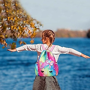 RHCPFOVR Drawstring Backpack for Kids - Unicorn Bags for Girls Mini Gym Dance Beach Swim Travel Bag With Two Water Bottle Holder