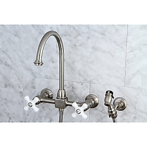 Kingston Brass KS1298PXBS Restoration Wall Mount Bridge Kitchen Faucet with Brass Sprayer, Brushed Nickel