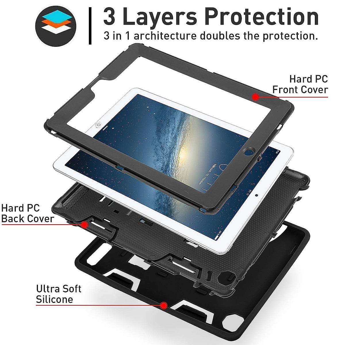 AICase Heavy Duty Rubber Hybrid iPad Case, Shockproof Protective Cover for iPad 2/3/4, Includes Stylus & Screen Protector (Black)