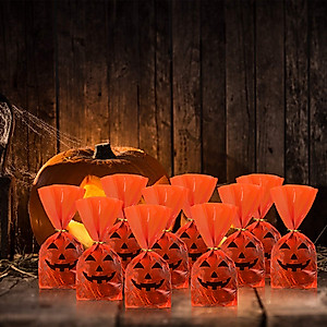 50 Pieces Halloween Favor Bags Pumpkin Smile Pattern Flat Cellophane Treat Bags Halloween Plastic Party Bags for Bakery, Popcorn, Cookies, Candies and Dessert with 100 Pieces Gold Twist Ties