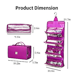 ROYALFAIR Roll Up Makeup Bag, Travel Toiletry Bag for Women with 4 Clear TSA Approved Pouches, Hanging Travel Organizer, Folding Cosmetic Bag for Men and Women (Purple)