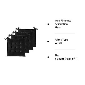 ELFJOY Set of 4 Square Chair Pads Indoor Seat Cushions Pillows with Ties Thick Soft Seat Cushion for Kitchen Dining Office Chair (18", Black)