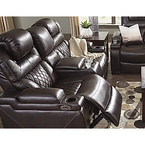 Signature Design by Ashley Warnerton Faux Leather Power Reclining Loveseat with Center Console, Brown