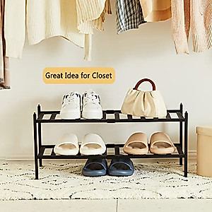 Dikolre Shoe Rack Organizer for Closet Entryway, 2-Tier Bamboo Stackable Shoe Rack Small Shoe Storage for Dorm Front Door Wooden Shoe Shelf, Black Brown