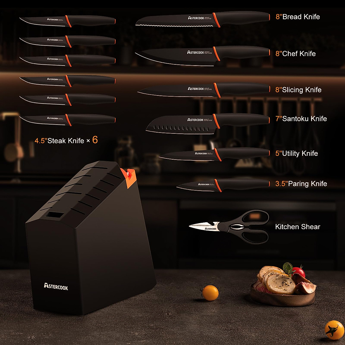 Knife Set, Astercook 15 Pcs Dishwasher Safe Kitchen Knife Set with Built-in Sharpener, High Carbon German Stainless Steel Black Knife Block Set