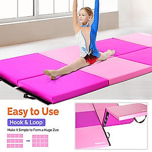 Matladin 8' Folding Gymnastics Gym Exercise Aerobics Mat, 8ft x 2ft x 2in PU Leather Tumbling Mats with Hook & Loop Fastener for Stretching Yoga Cheerleading Martial Arts (Purple&Pink)