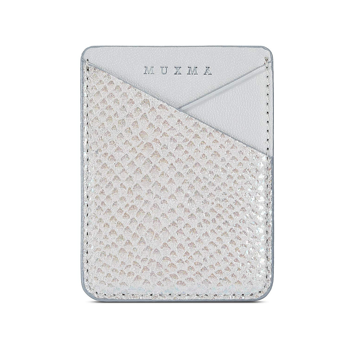 LUVI Phone Wallet Sticker Card Holder for Phone Case Credit Card Holder for Back of Phone Pocket Sleeves Stick on PU Leather Wallet with Glossy Snake Skin Silver